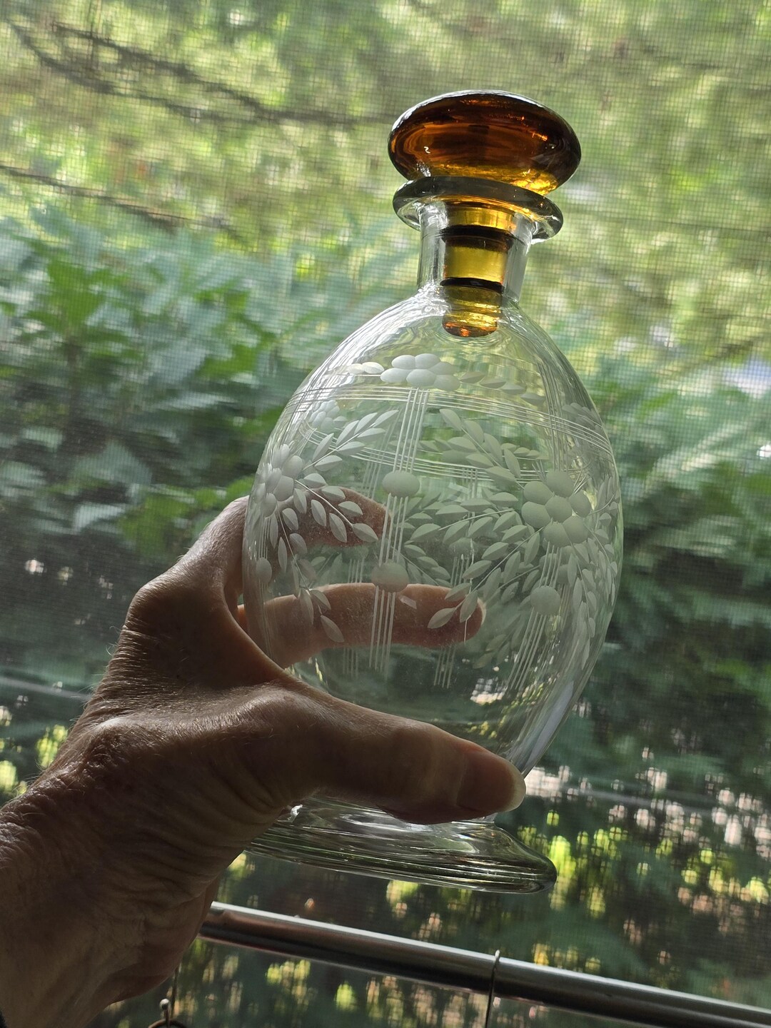 Smashing Old Hand Blown Etched Crystal Decanter, Bottle, Vase With ...