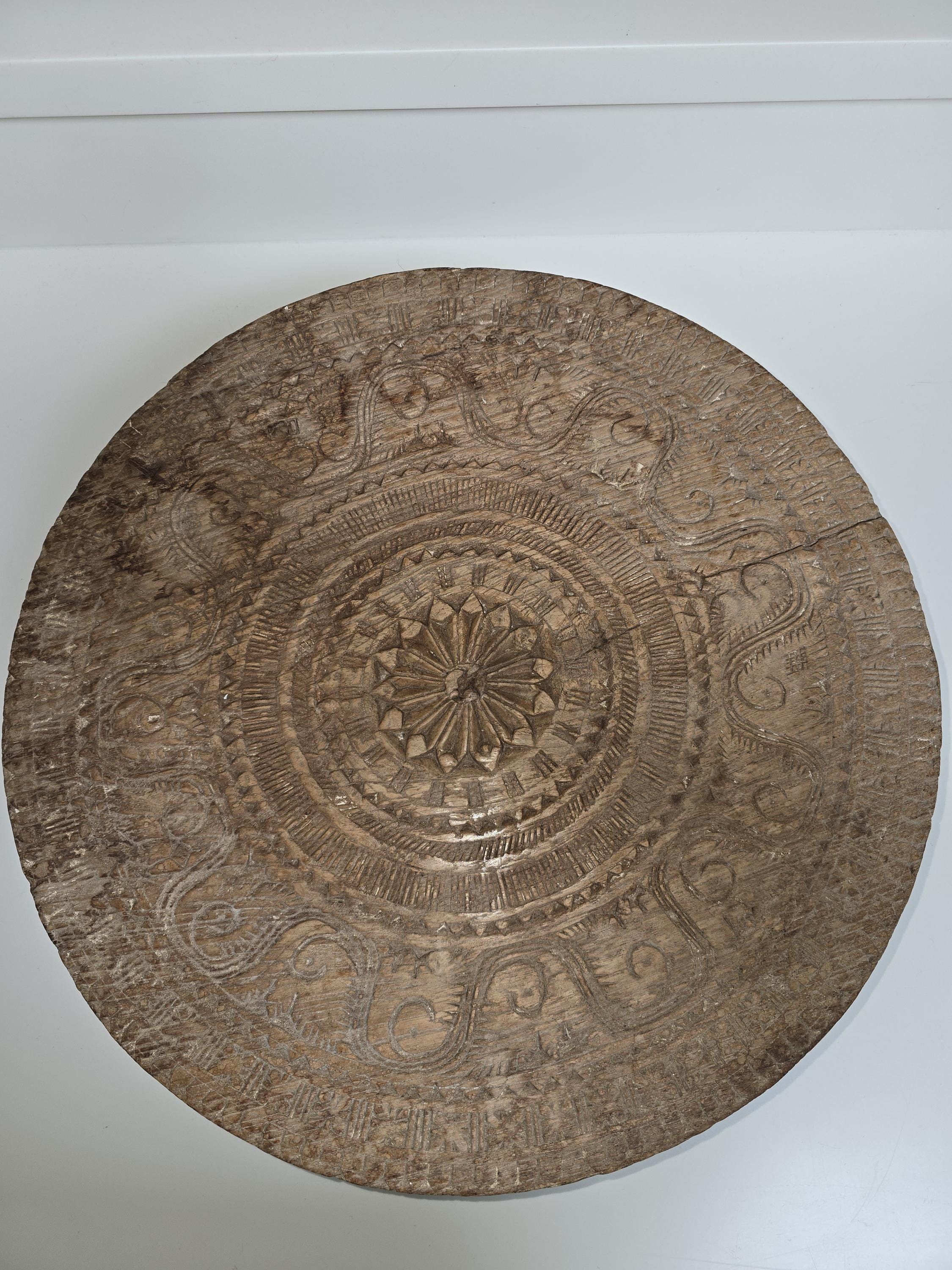Vintage Large 17 Inch Diameter Round Carved Wood Bajot Table, Pooda ...