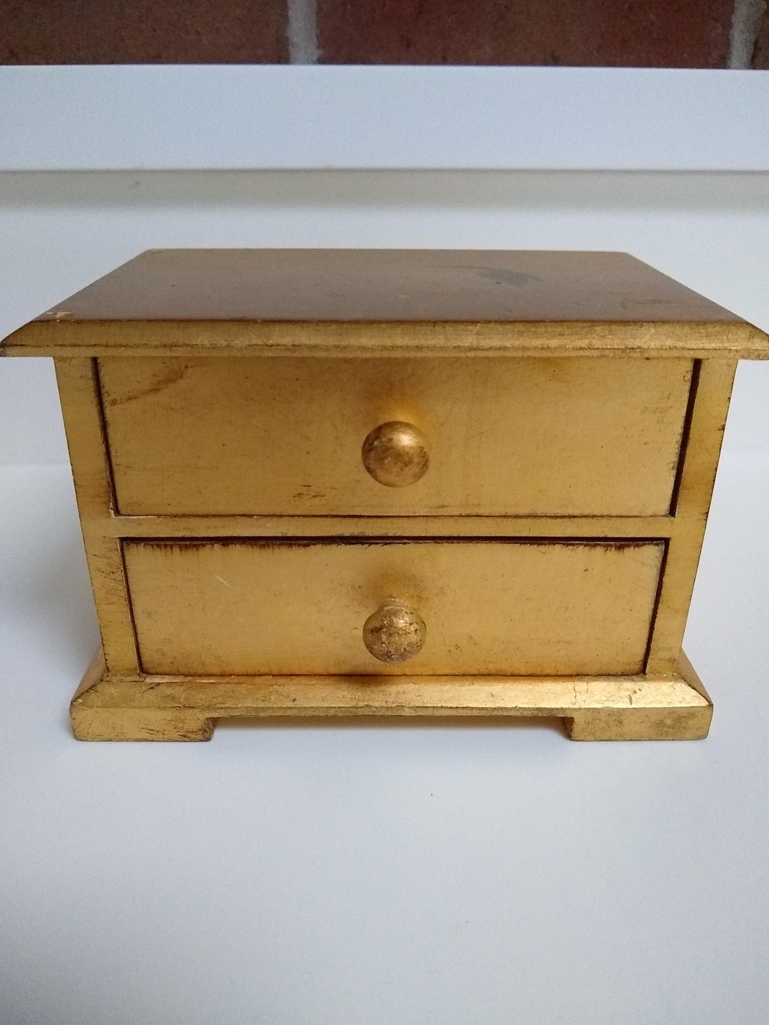 Vintage Small Gold Tone Gilded Wood Jewelry, Trinket Box, Chest With 2 ...