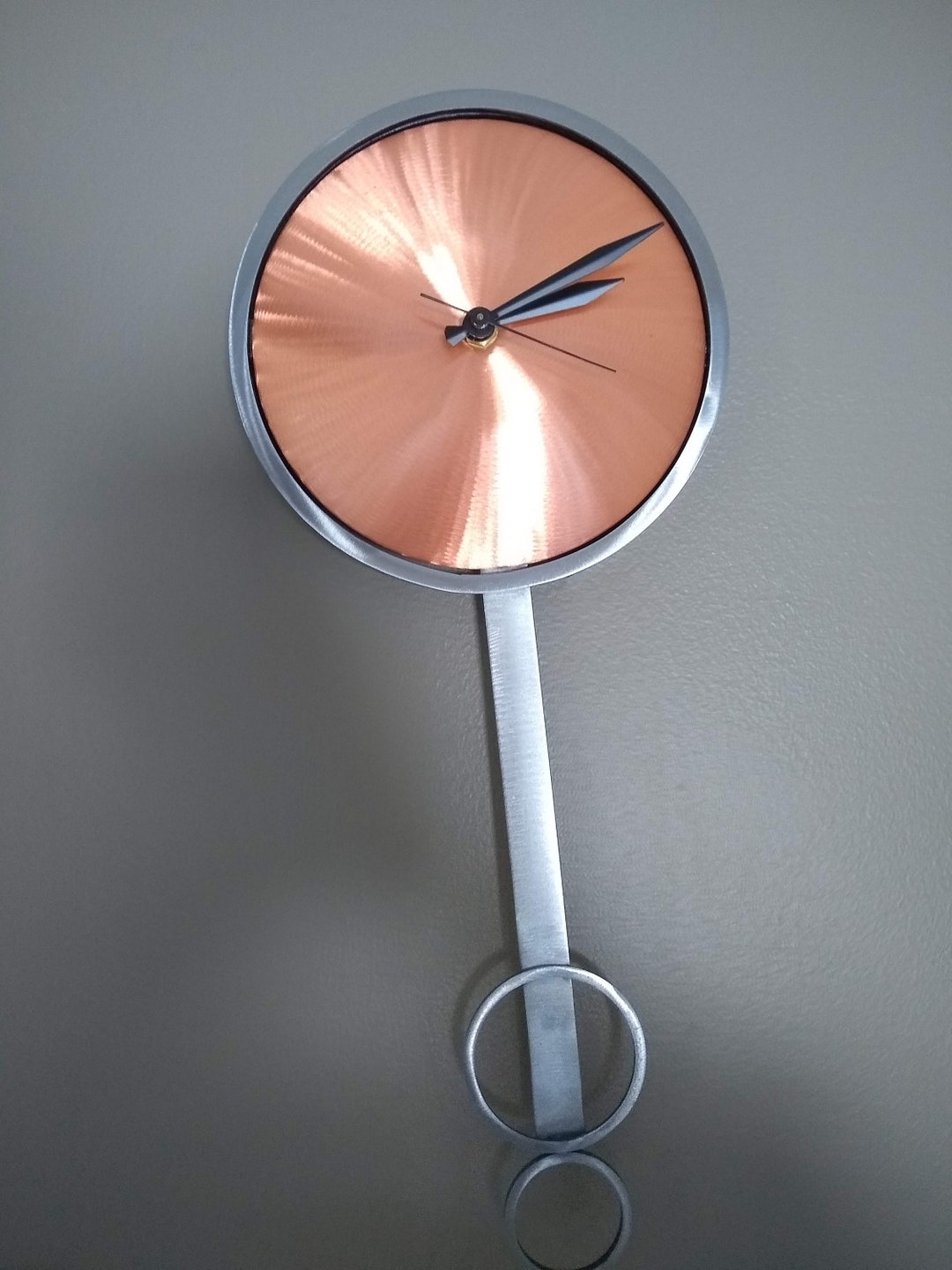 Hand Made Copper and Steel Wall Clock With Swinging Pendulum Signed by ...