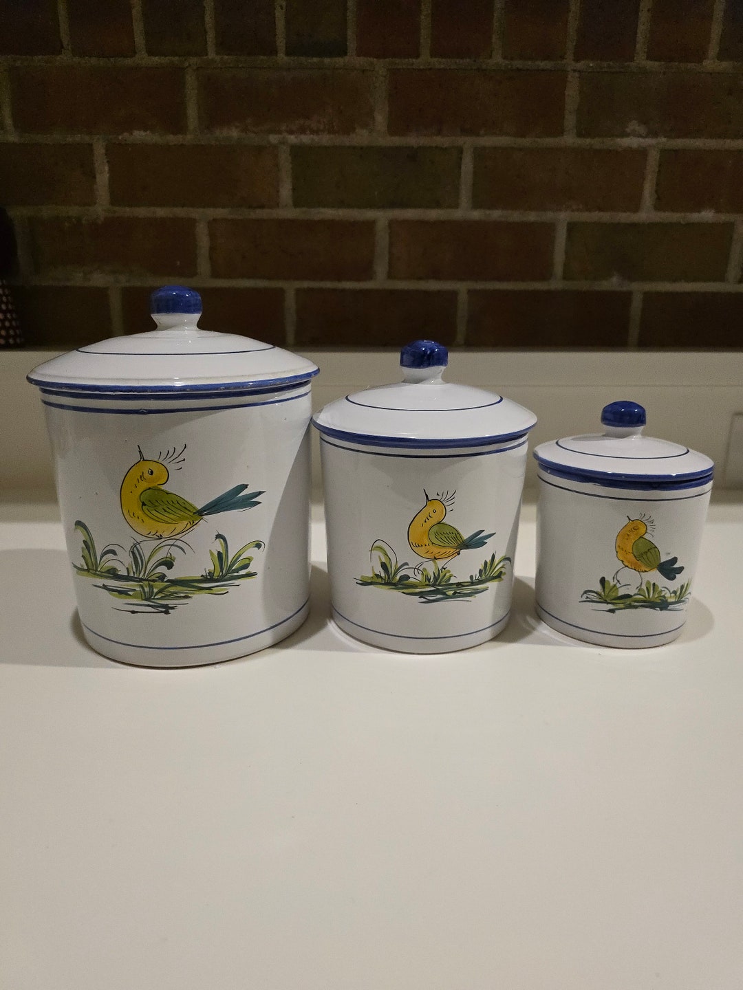Vintage Italian Majolica Pottery Canisters, Set of 3 Hand Painted Bird ...