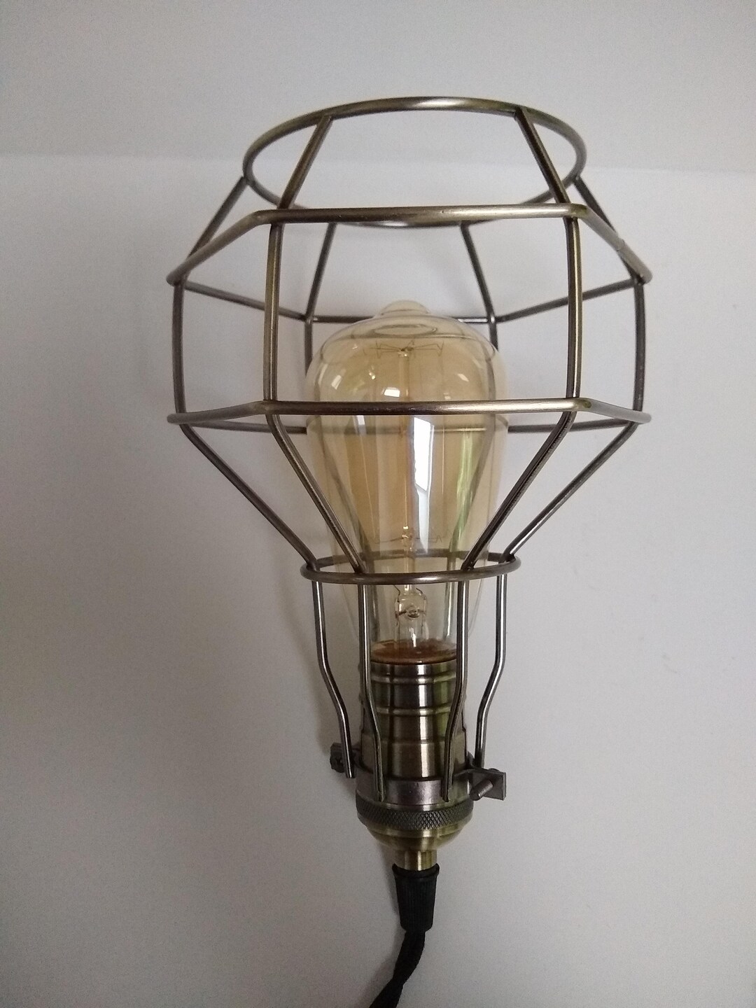 Vintage Industrial Cage Light, Edison Bulb, 11 1/2' Twisted Fabric Cord ...