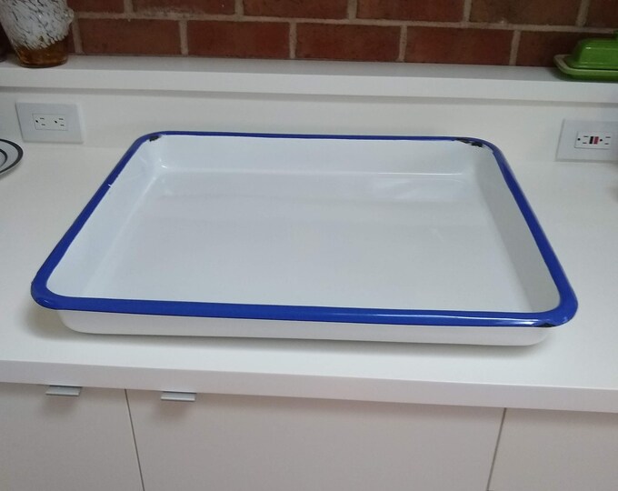 Vintage Oversize White Enamel Tray With Blue Trim, Large Enamel Photo ...