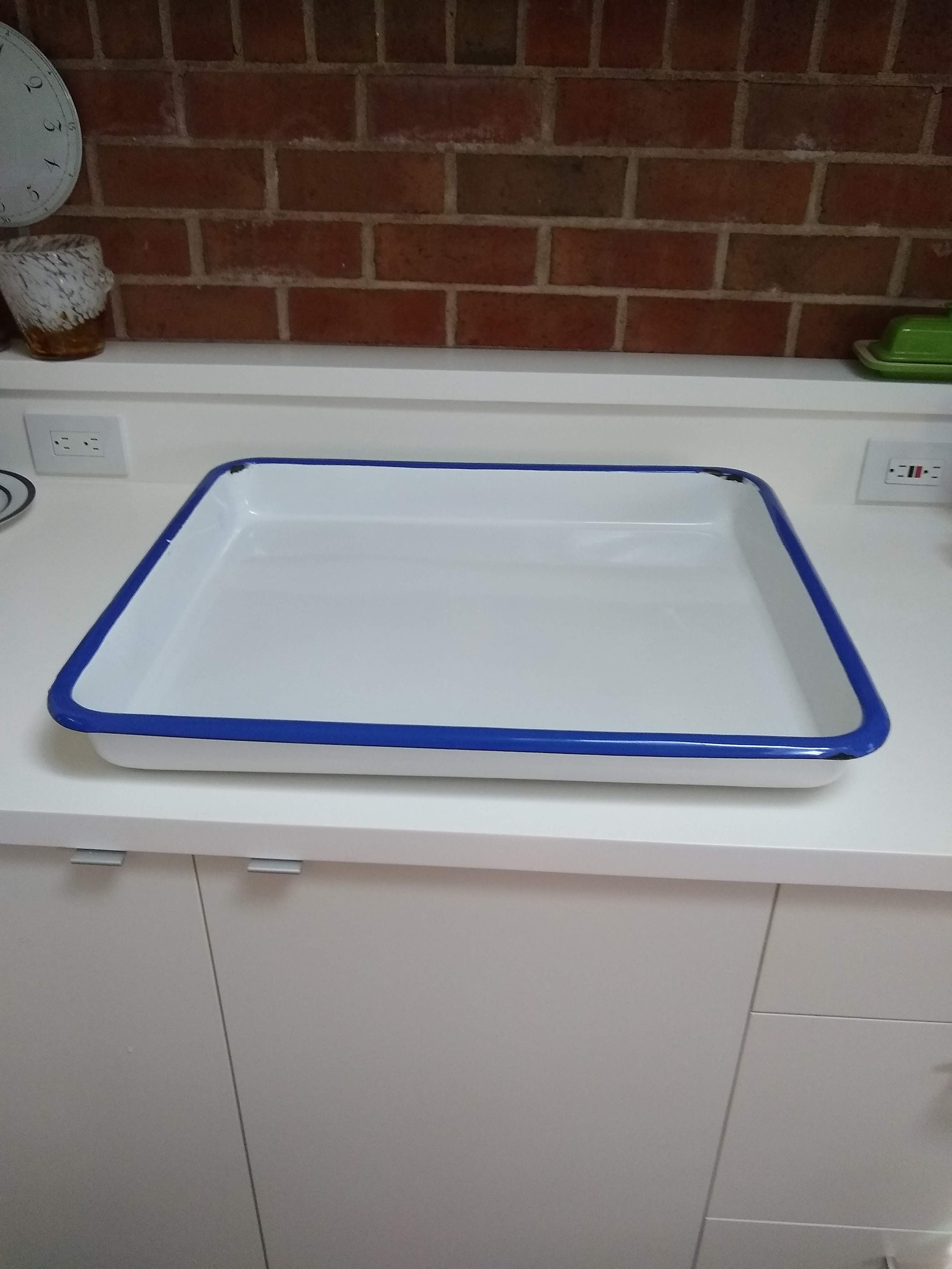 Vintage Oversize White Enamel Tray With Blue Trim Large | Etsy