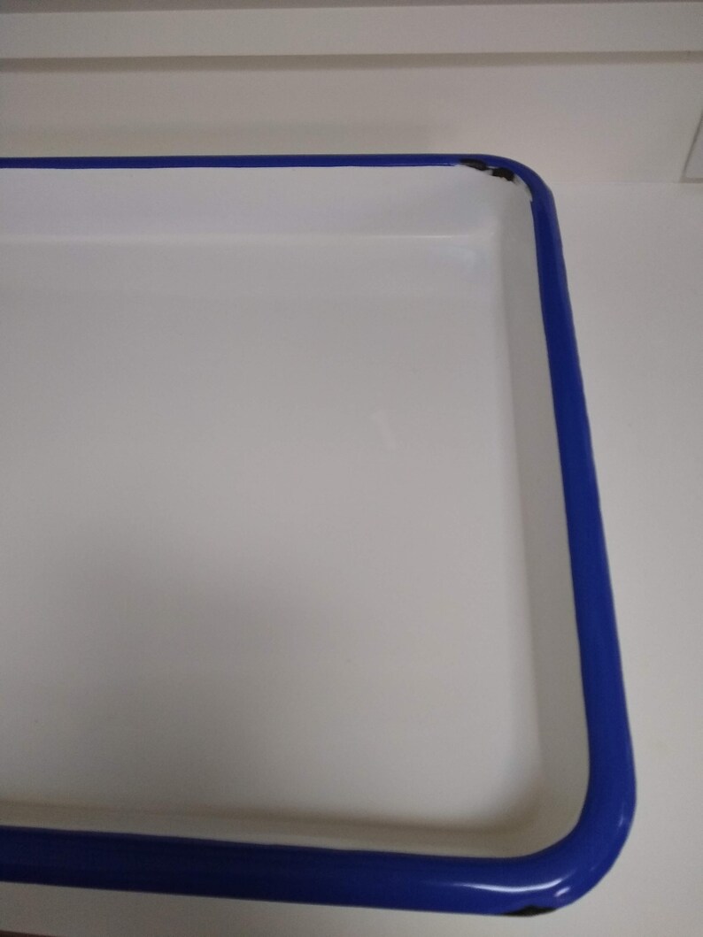Vintage Oversize White Enamel Tray With Blue Trim Large - Etsy