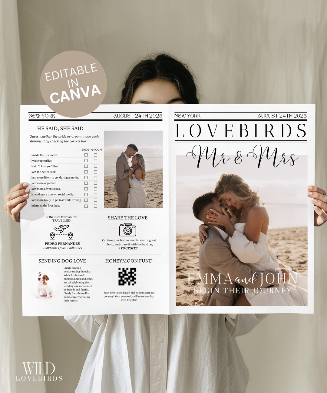 Folded Printable Wedding Newspaper Program Canva Template, Wedding ...