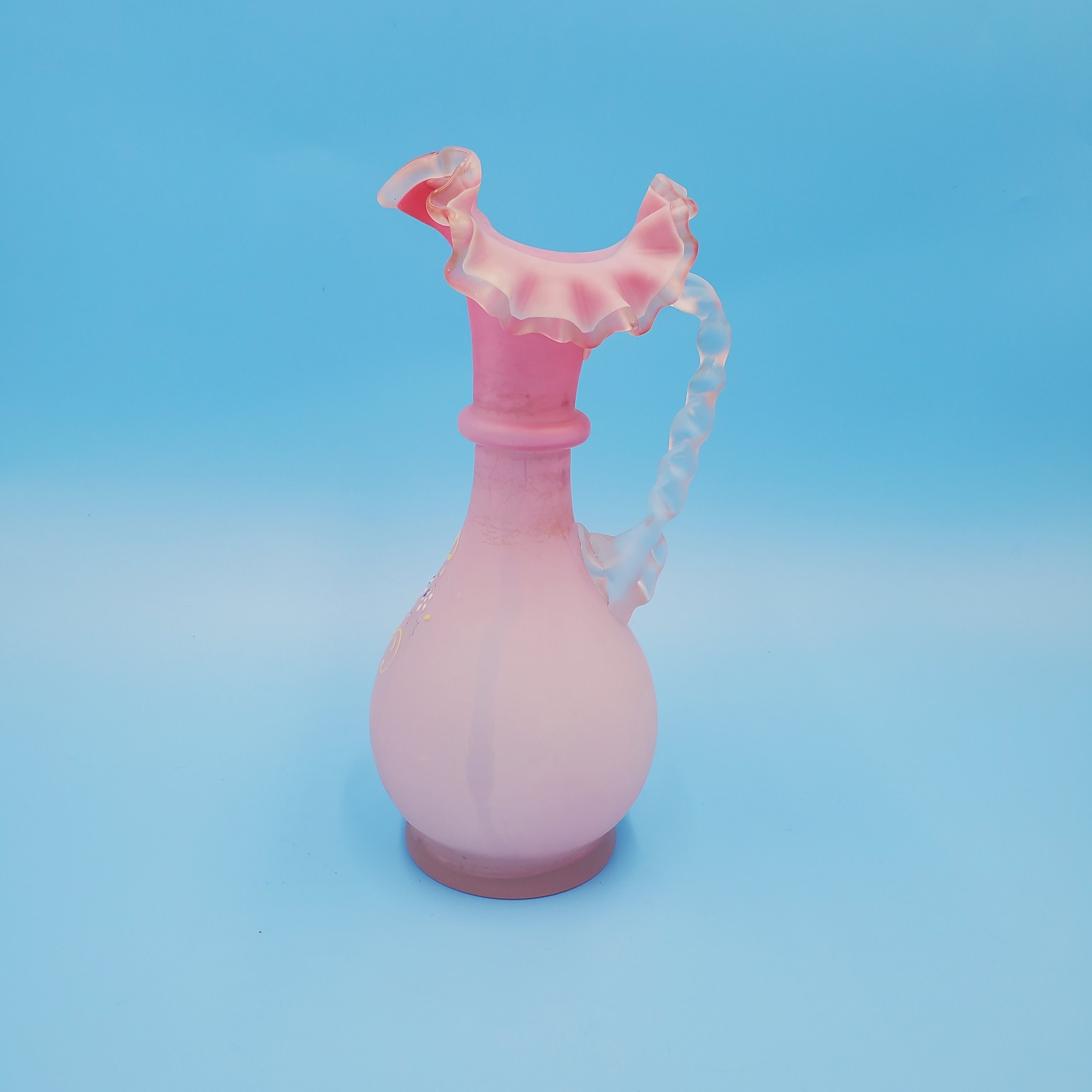 Satin Glass Pink Pitcher With Hand Painted Enamel Flowers - Etsy