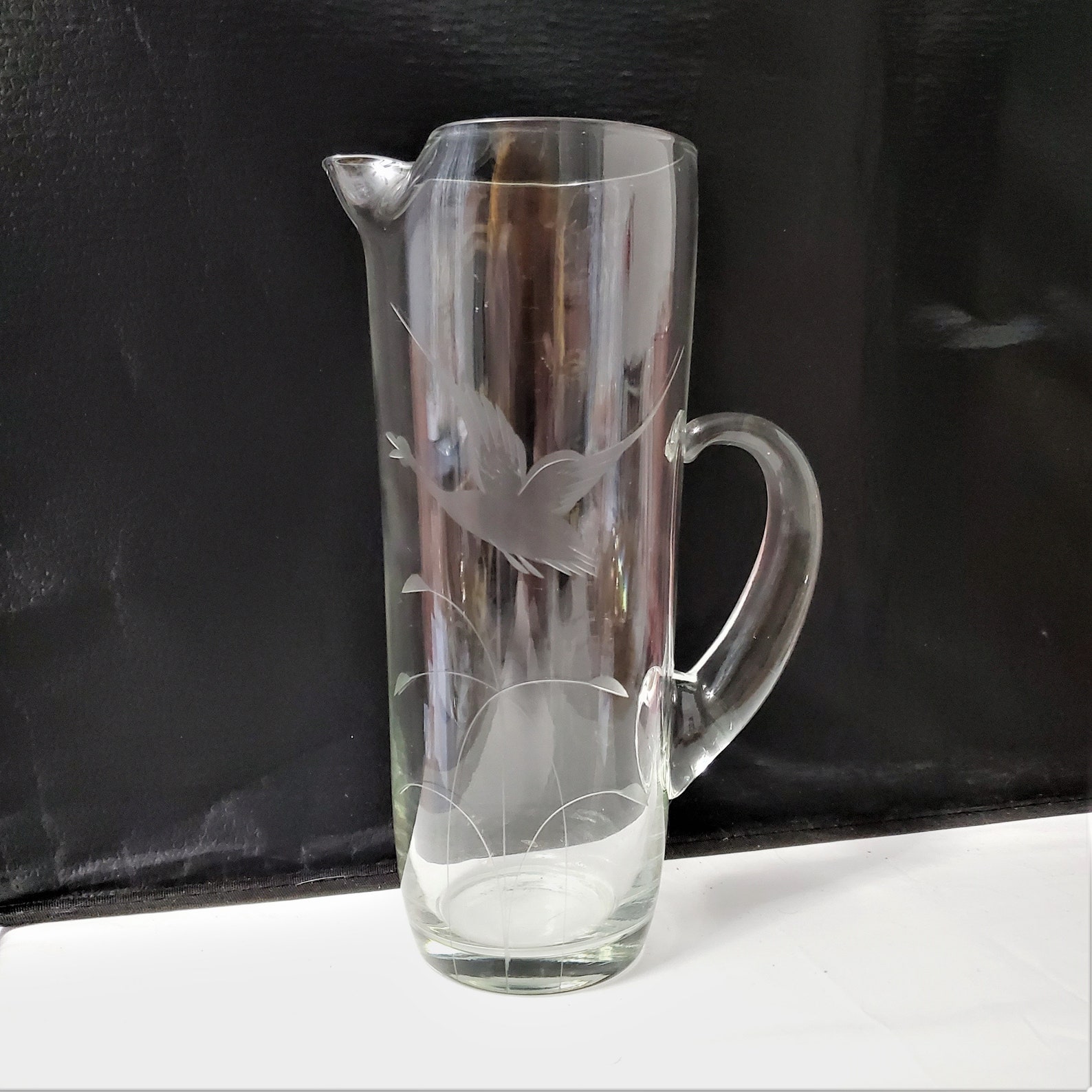 Vintage Etched Crystal Pitcher With Duck and Cattails - Etsy