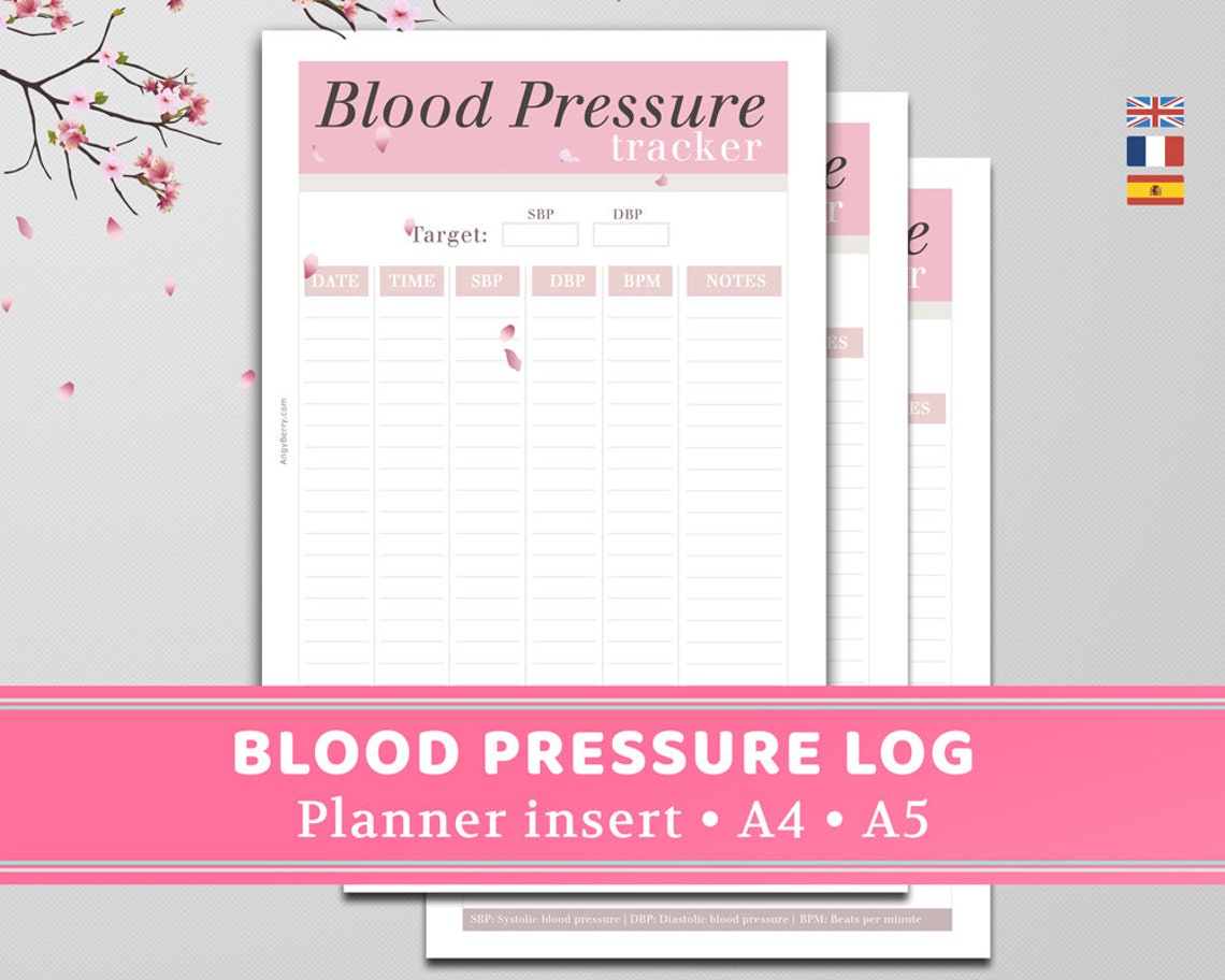 Blood Pressure Log Printable Planner Insert Multi-language english ...