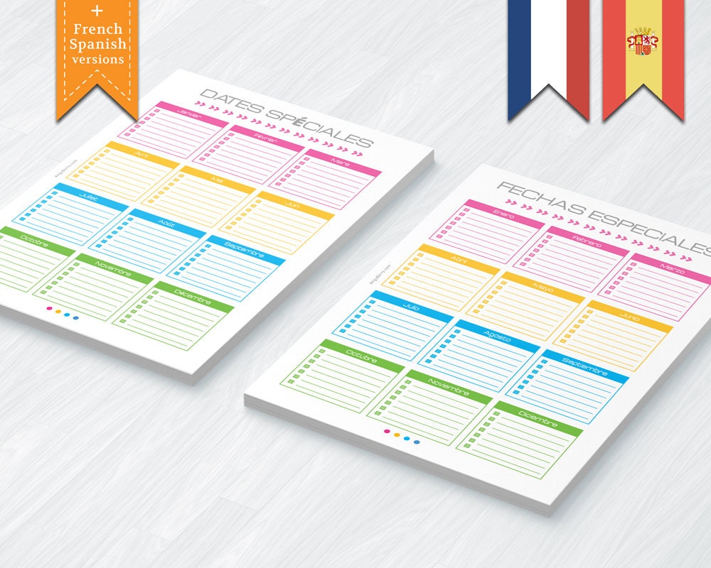 Special Dates Printable Planner Insert A5, A4 Colourful Multi Language ...