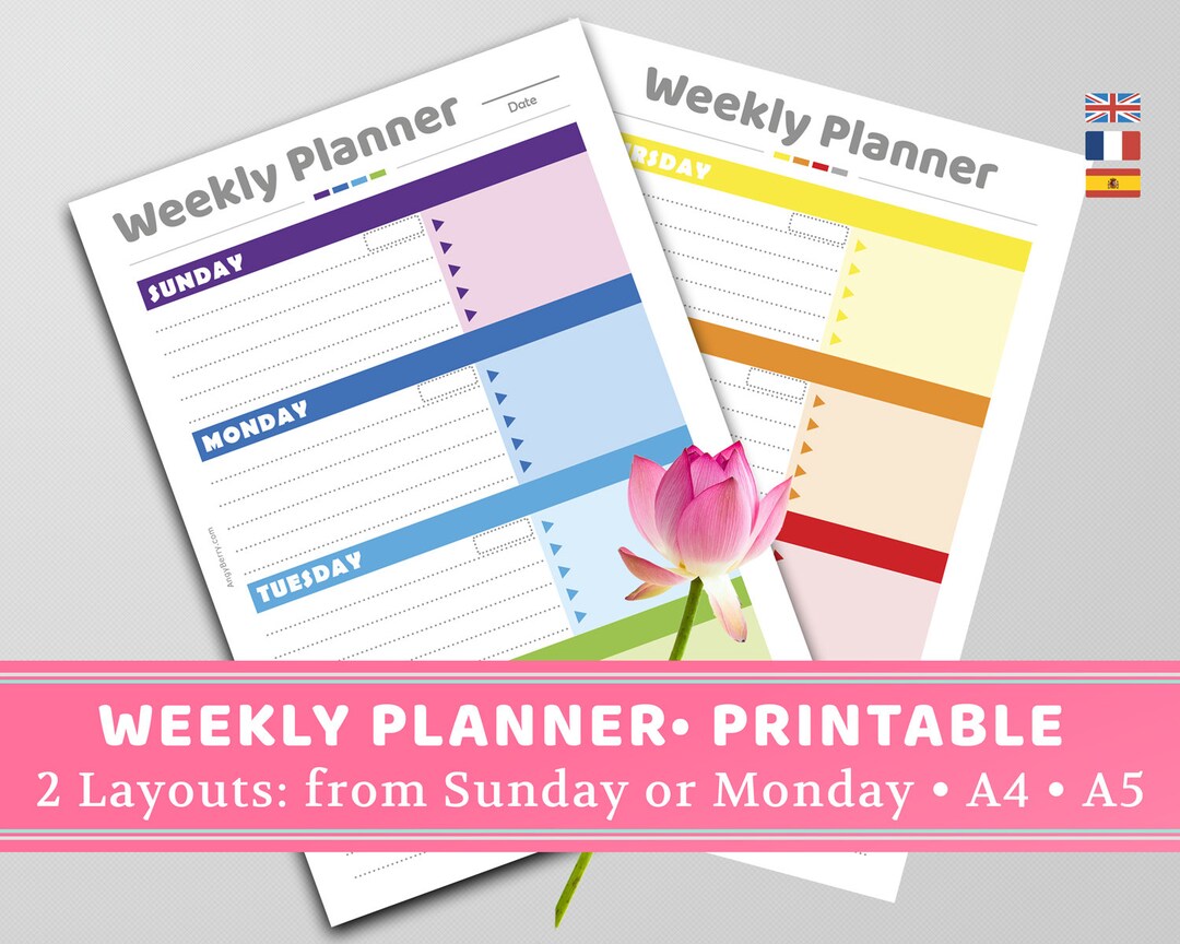 Colorful Weekly Planner Mon-sat & Sun-sat Printable A5, A4 Multilingual ...