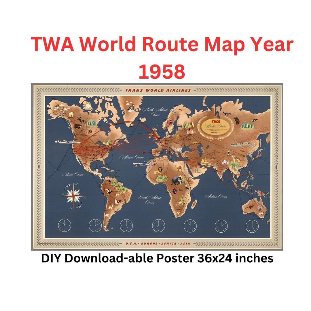 Mapa de rutas de Trans World Airlines TWA póster en inglés - Etsy España