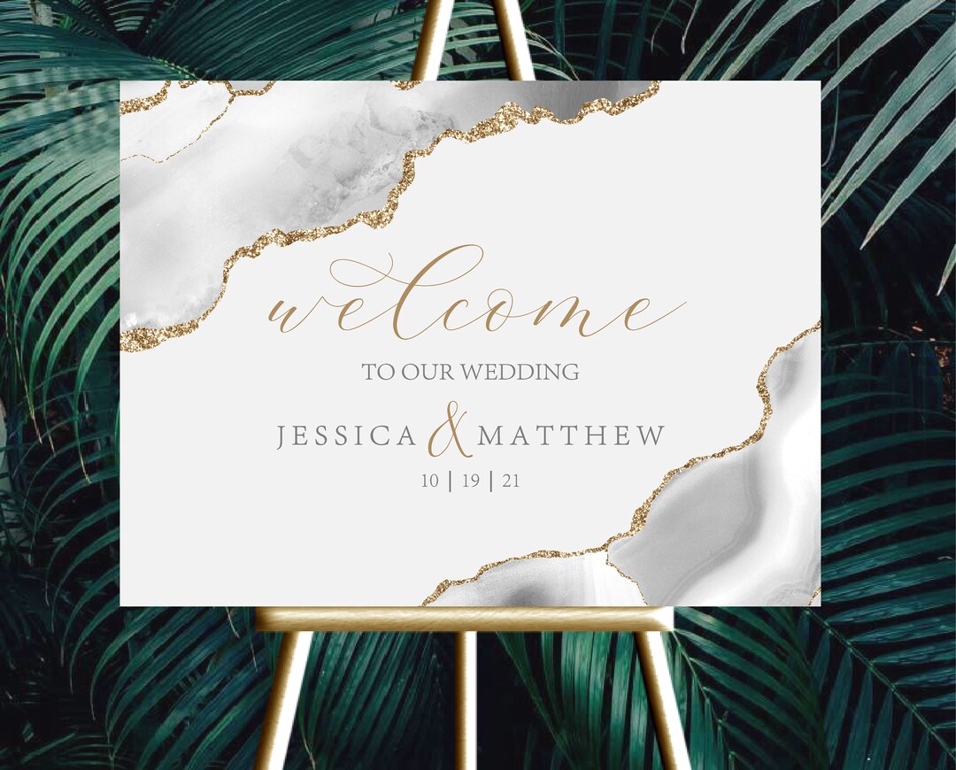 Wedding Welcome Sign 12x18, 18x24 or 24x36 White Gray Gold Agate Marble ...