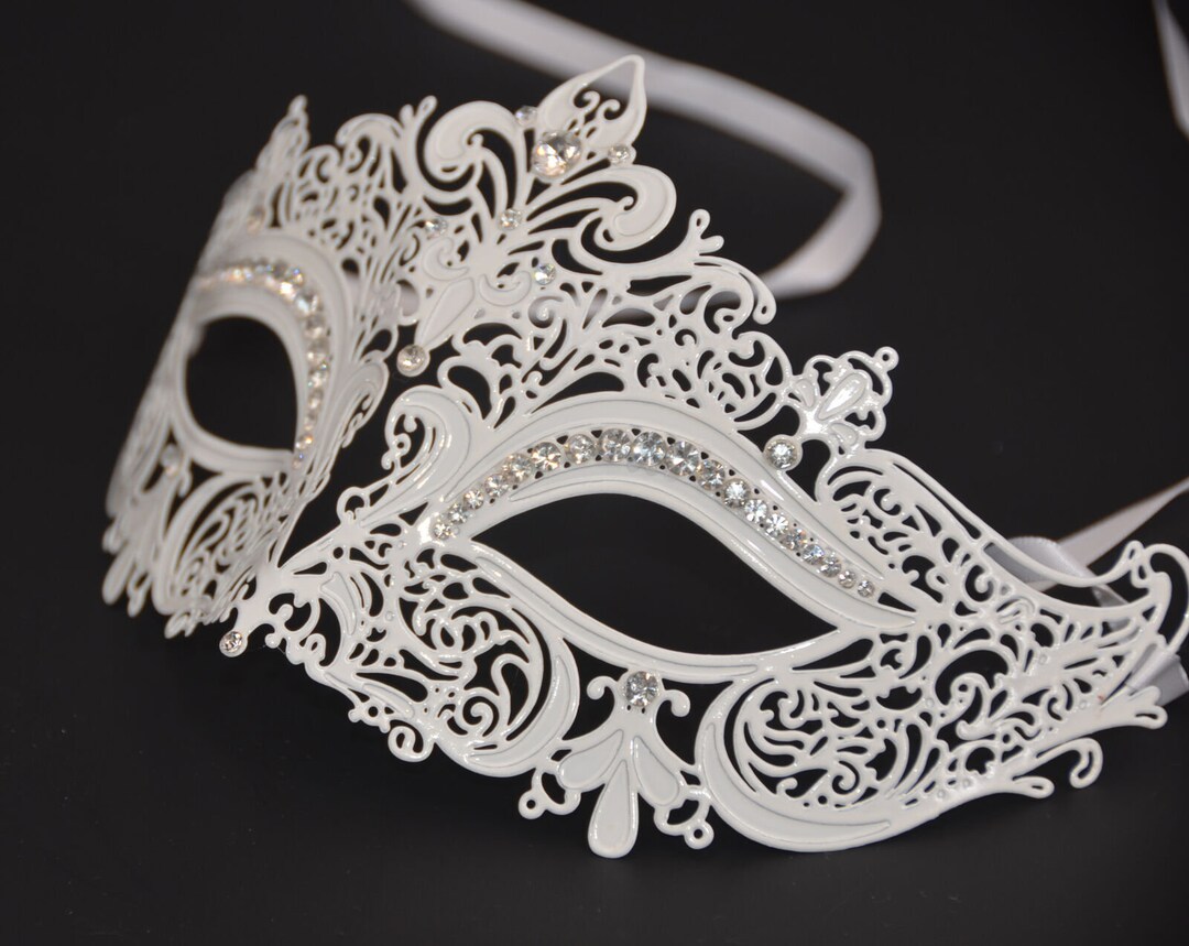 Elegant White Metal Mask With Rhinestone Half Venetian Mask Masquerade ...