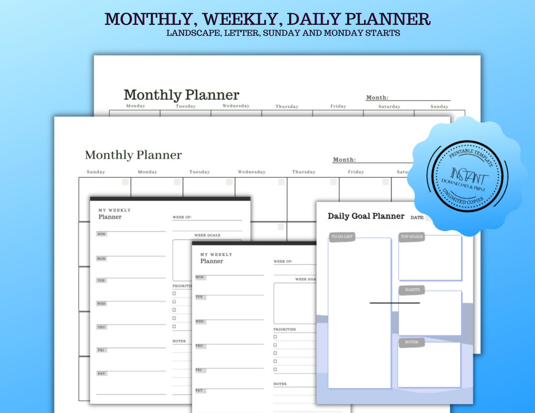 Undated Monthly, Weekly, Daily, Planner, Bundle, Calendar, Simple, Easy ...