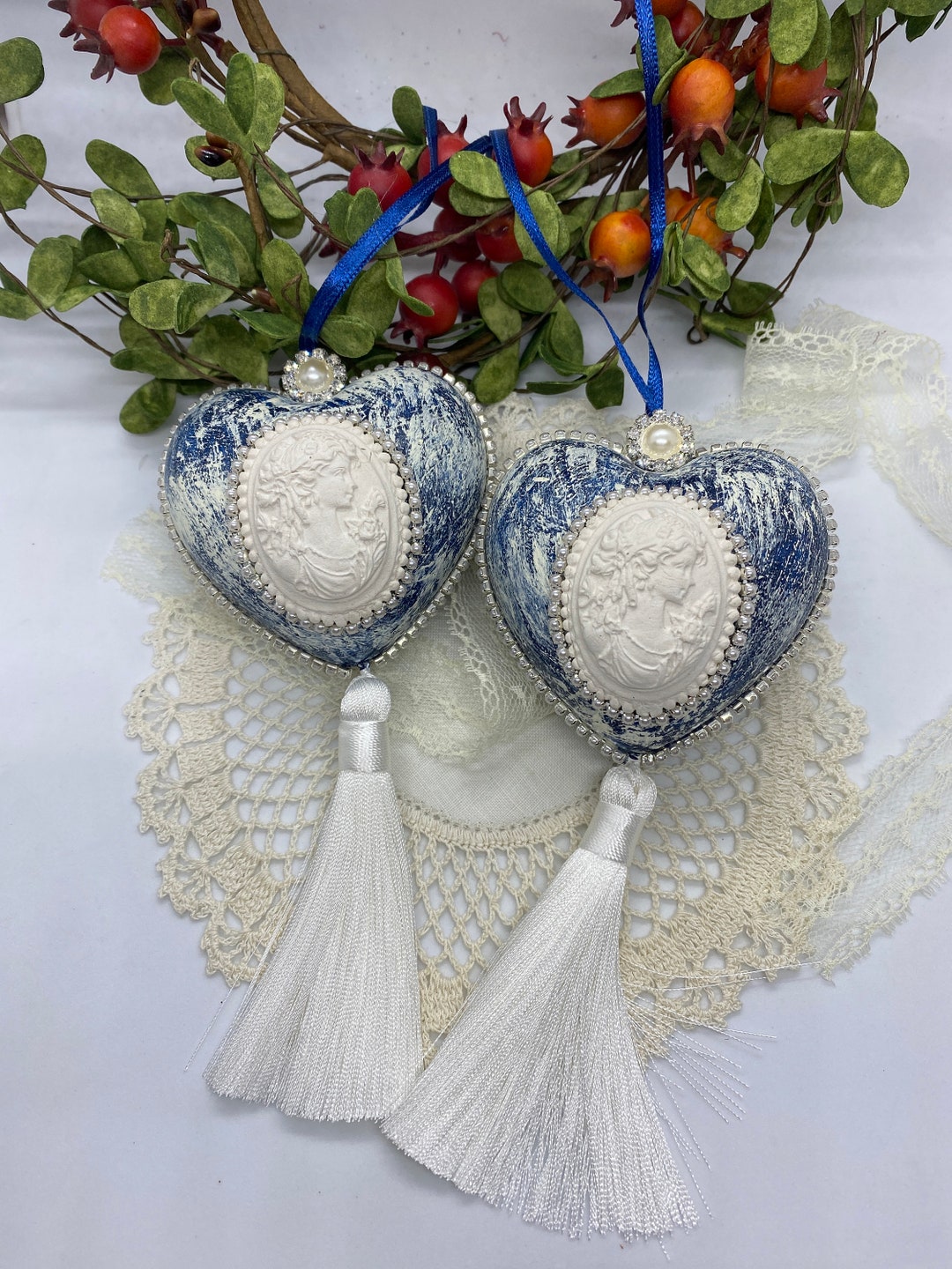 Christmas Ornaments Shabby Chic Heart Shaped Cameo Set of - Etsy