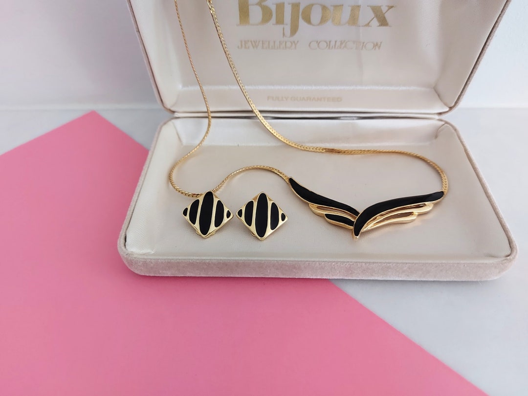 80s Retro Black and Gold Jewellery Set, Clip-on Earrings and Necklace ...