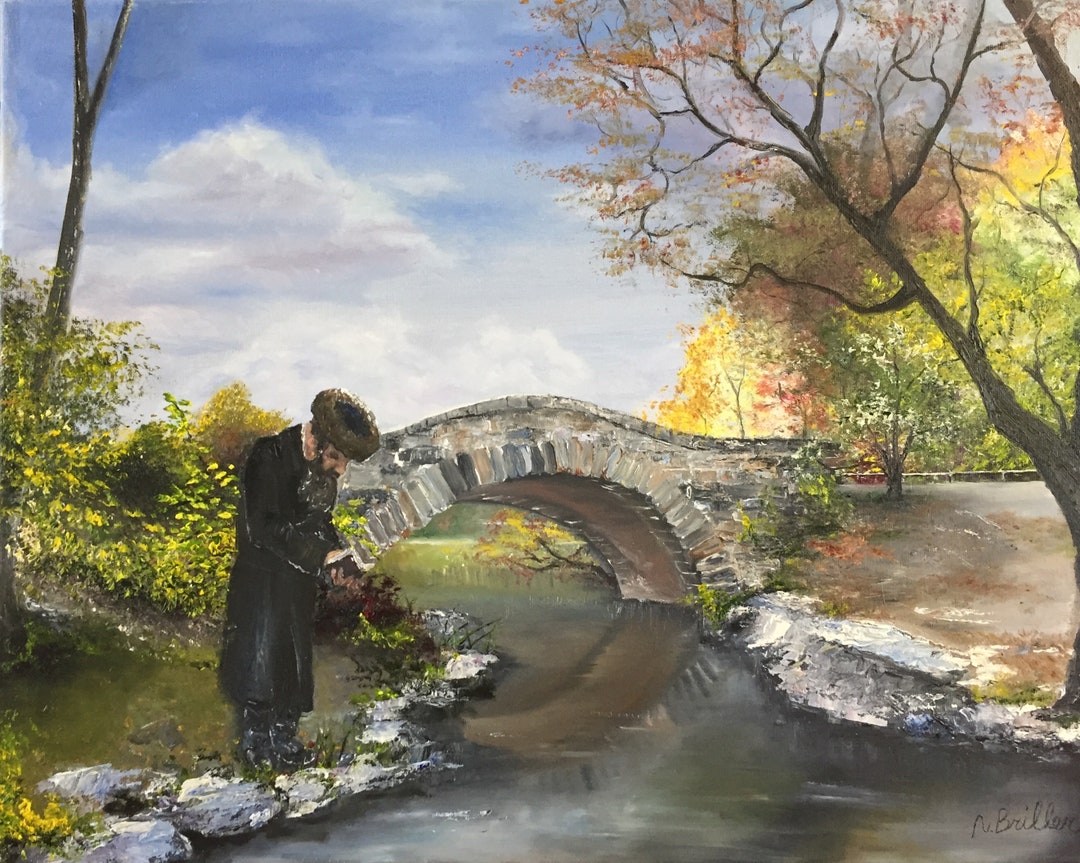 Judaic Original Scenic Oil Painting on Canvas of Rabbi Praying Tashlich ...
