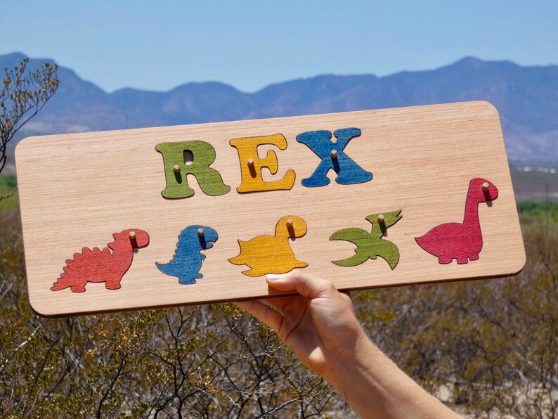 Dyed Wooden Dinosaur Name Puzzle / Wooden Dinosaur Name Puzzle | Etsy