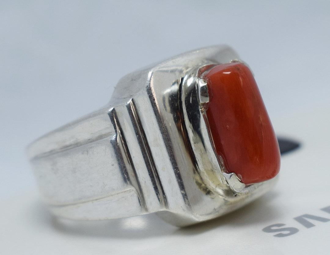 Natural Coral Marjan Deep Red Marjan 925 Sterling Silver Men's Ring ...