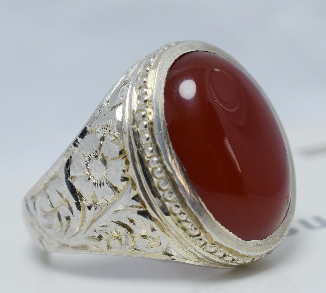 Yemeni Aqeeq Ring, Dark Brown Red Agate, 925 Sterling Silver - Etsy