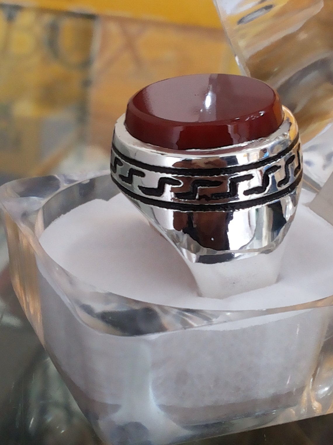 Natural Brown Red Yemeni Aqeeq Akik Ring 925 Sterling Silver Men's ...