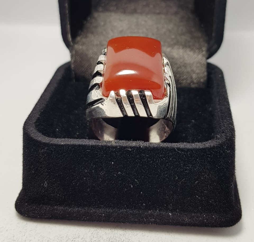 Men's Rectangular Silver Yemeni Aqeeq Akik Ring Carnelian - Etsy