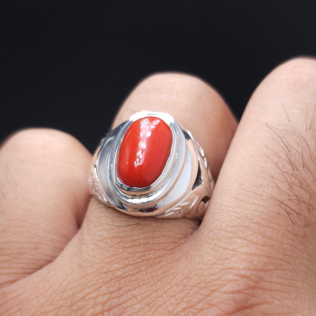 Natural Dark Deep Red Coral Marjan Ring Mens Coral Rings Coral (marjaan ...