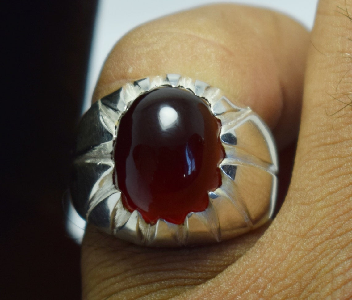 Agate Ring Mens Natural Aqeeq Stone Ring Dark Brown Blood Red - Etsy