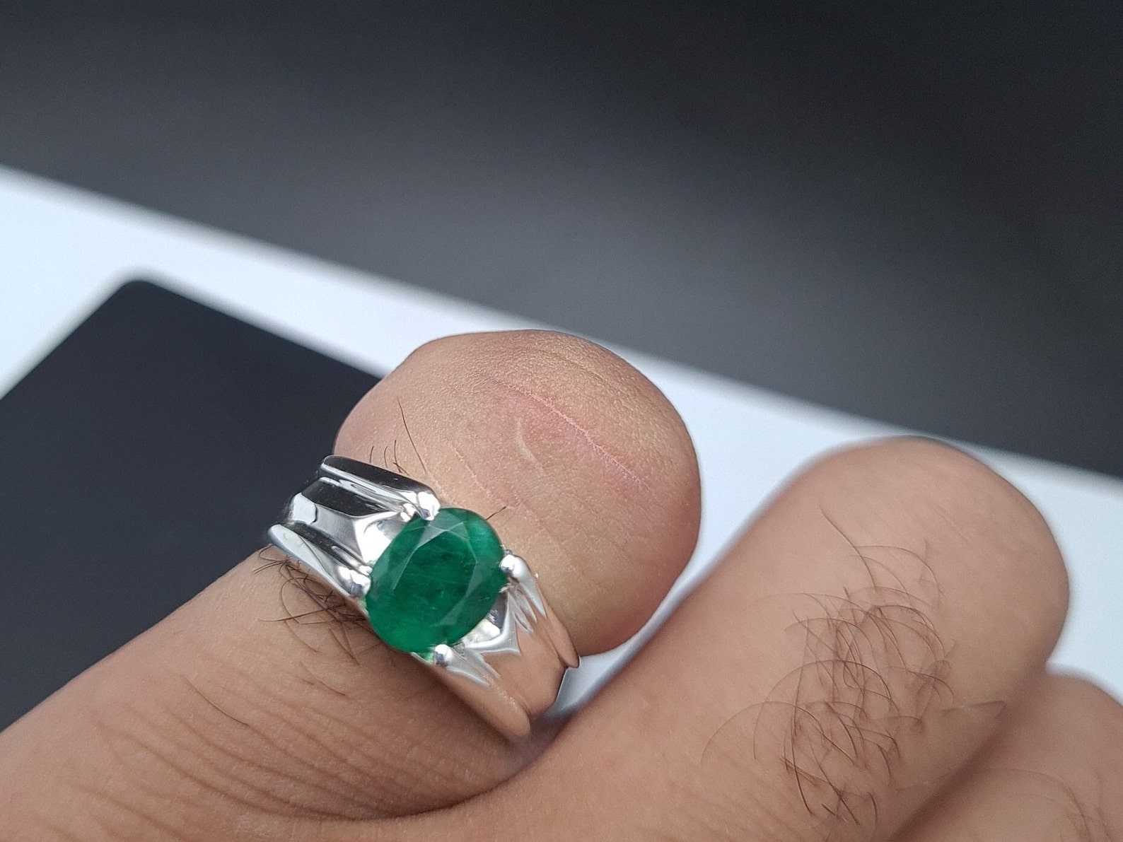 Natural Emerald Ring Mens Silver 925 Real Green Zamurd Stone in Dark Green Pakistan Emeralds ...