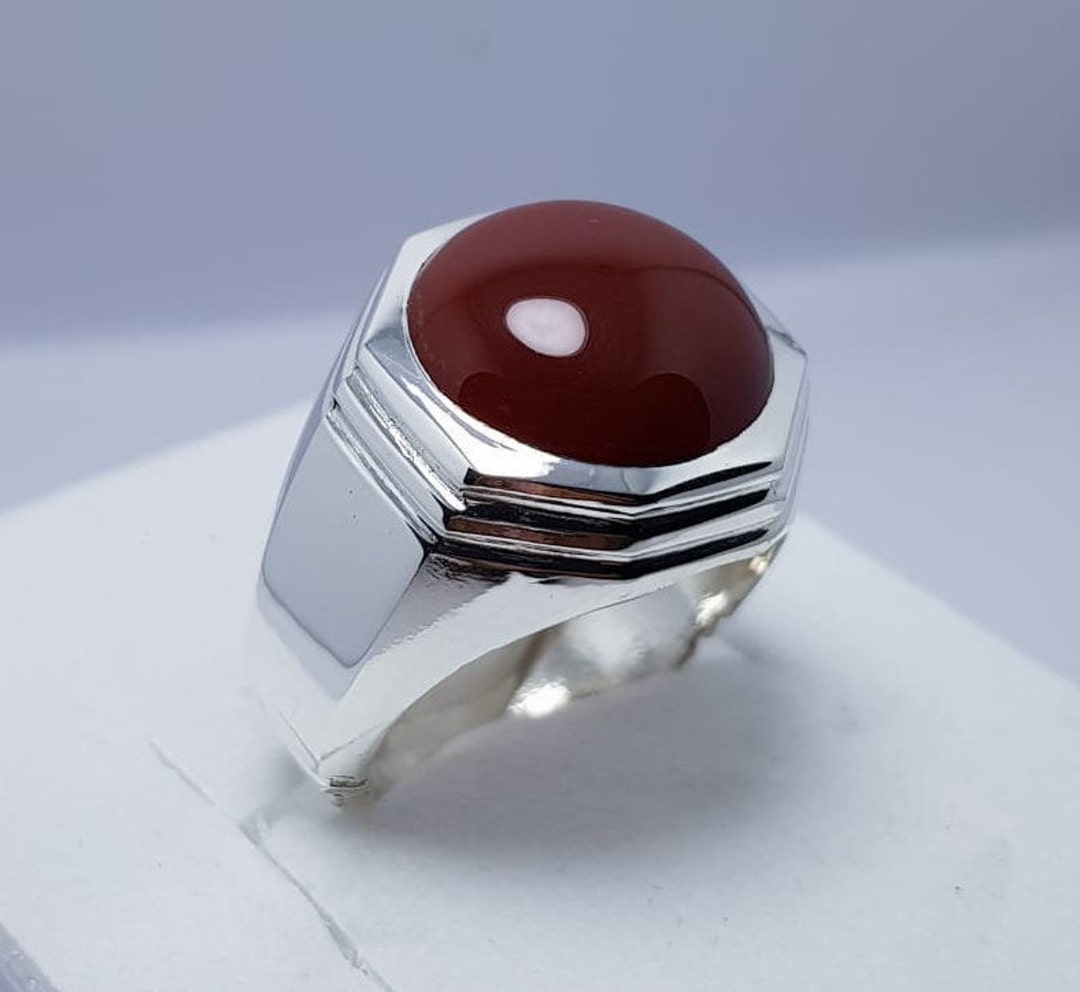 Yemeni Aqeeq Ring, Dark Brown Blood Red Stone, Handmade Sterling Silver ...