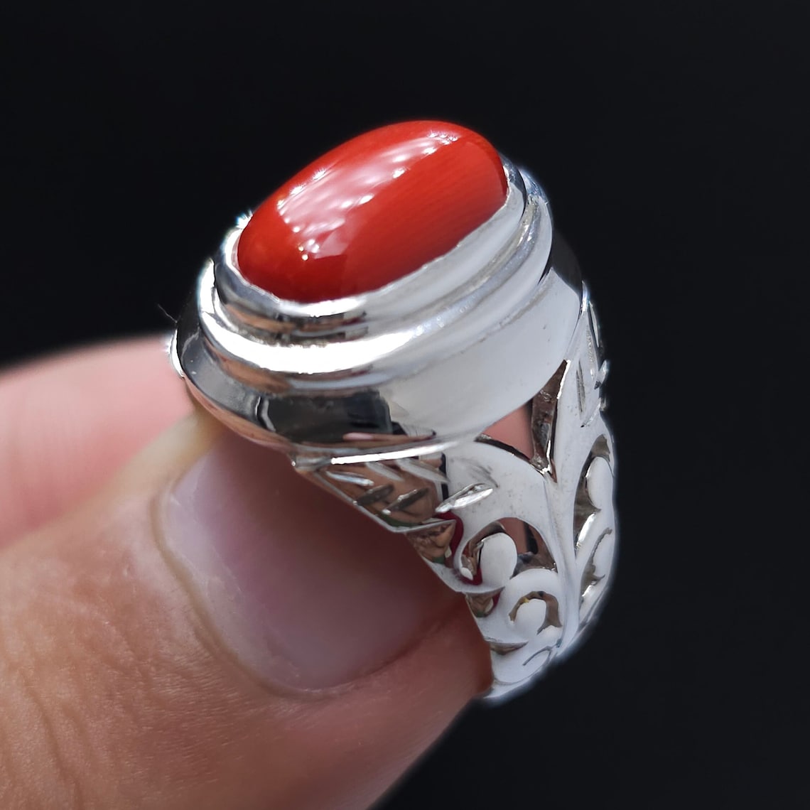Natural Dark Deep Red Coral Marjan Ring Mens Coral Rings Coral (marjaan ...