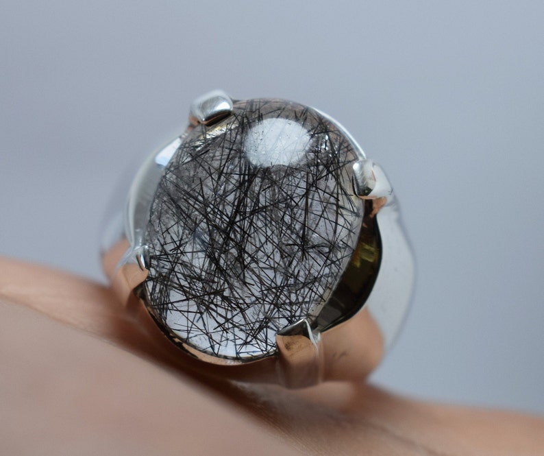 Natural Black Rutilated Quartz Ring 925 Sterling Silver | Etsy