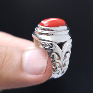 Natural Dark Deep Red Coral Marjan Ring Mens Coral Rings Coral (marjaan) Gemstone Ring in 925 ...