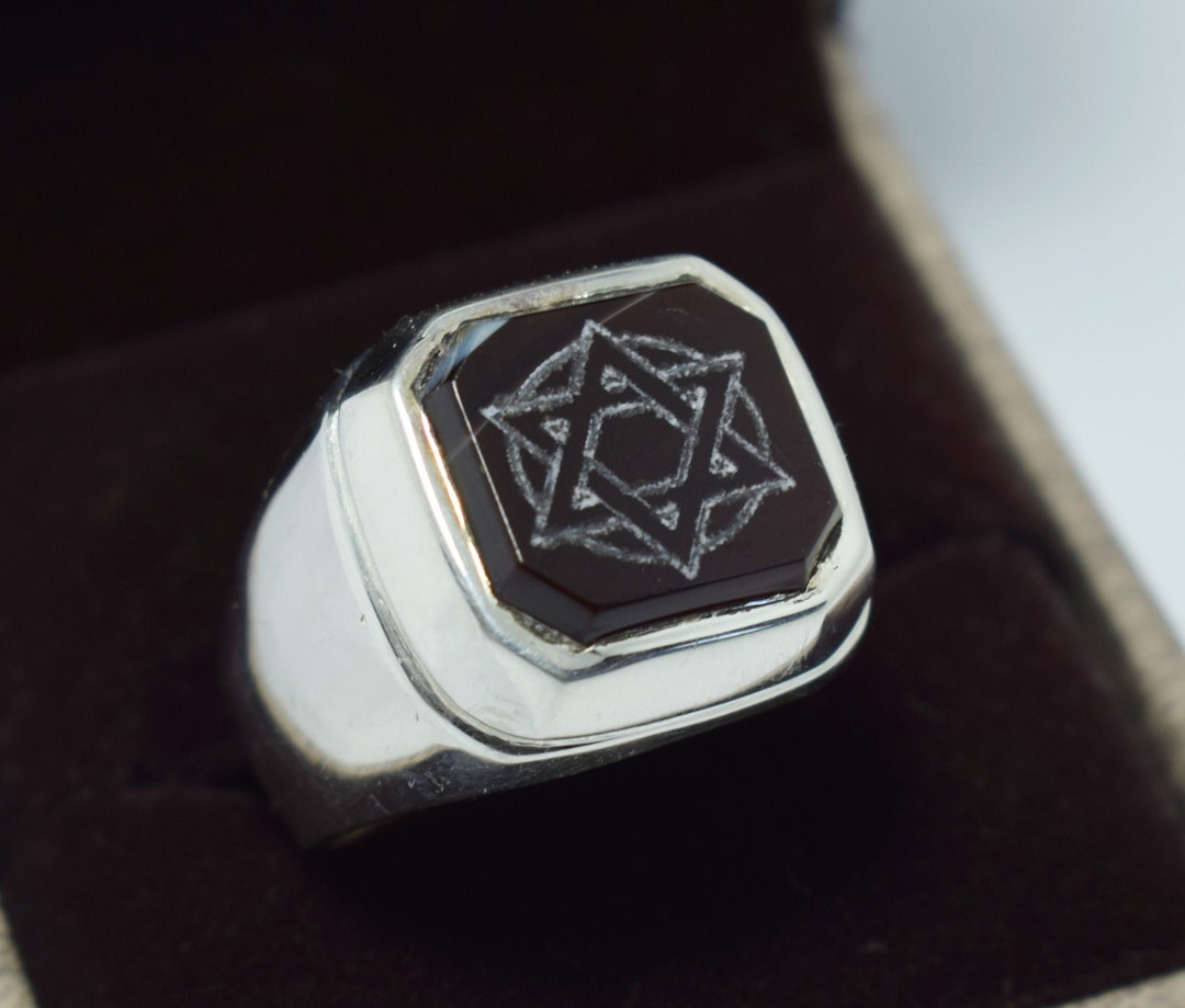 Sterling Silver Aqeeq Agate Ring - Seal of Solomon Talisman - Etsy