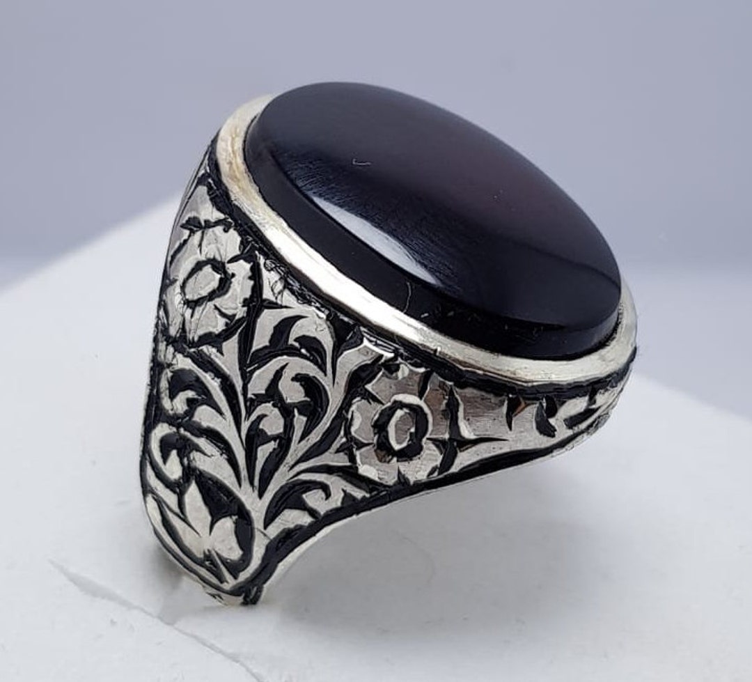Natural Dark Black Blood Red Yemeni Aqeeq Ring Yamni Akik Ring 925 ...