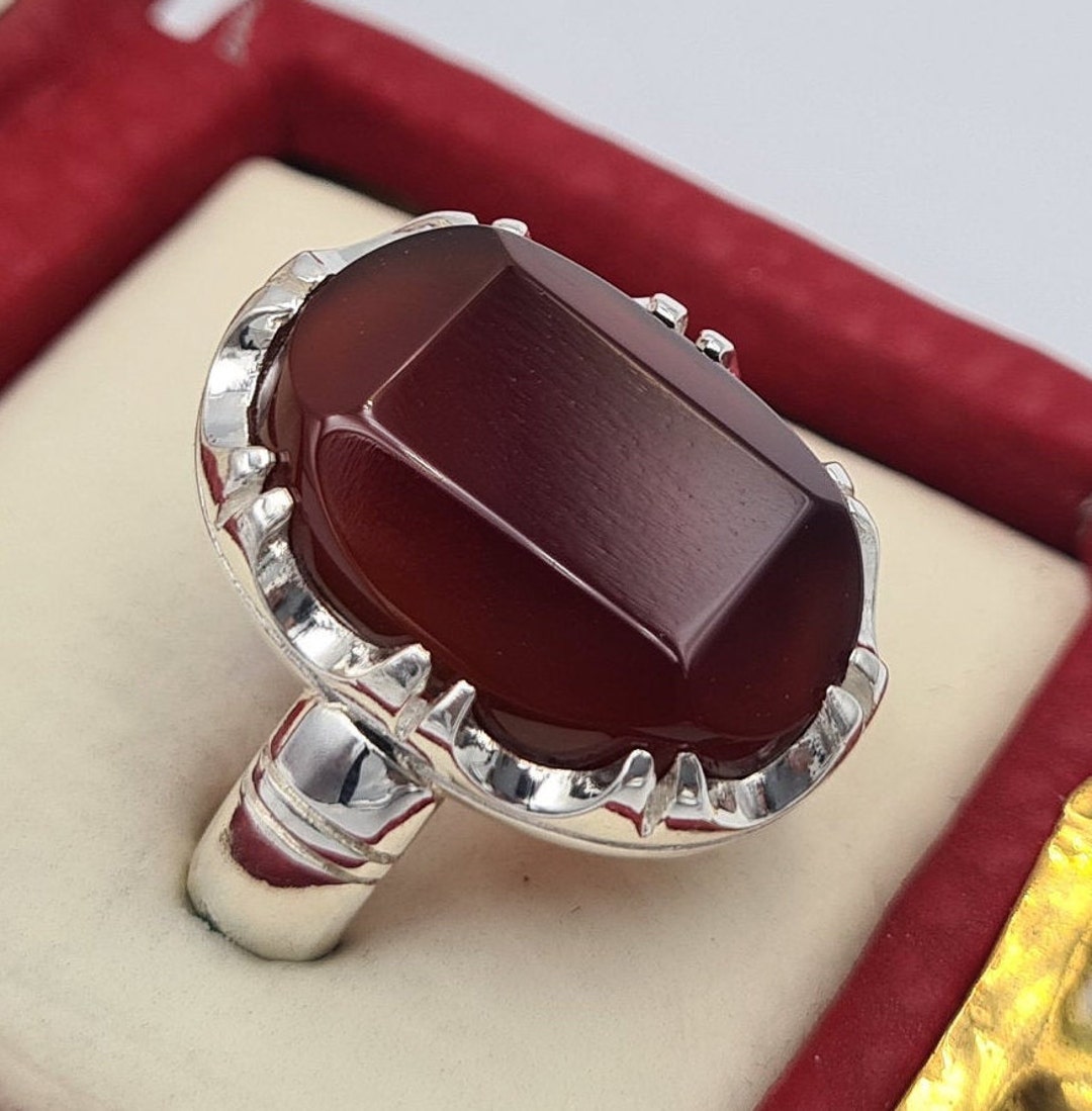 Unisex Aqeeq Ring Blood Red Yemeni Aqiq Akik Hakik Agate Bague Real ...