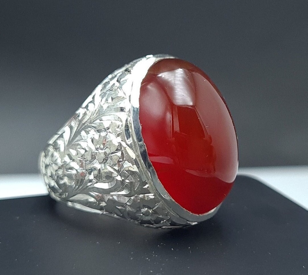 Mens Yemeni Aqeeq Ring Deep Blood Red Yamni Agate Ring for Men Natural ...