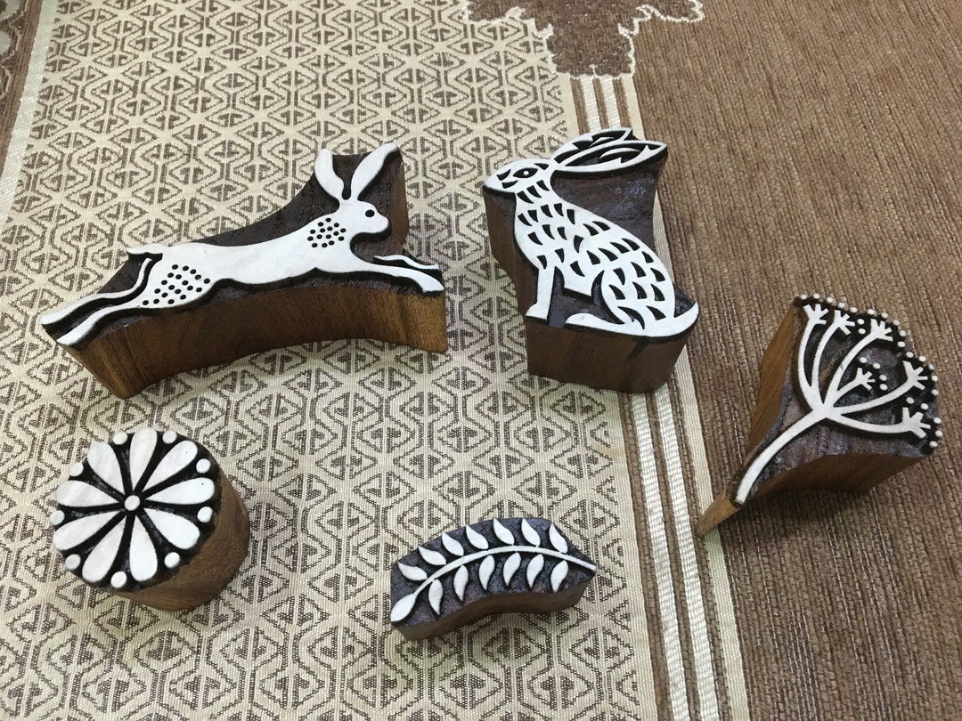 Hares and Seed Heads Stamp Block Set, Hand Carved Indian Wood Printing ...