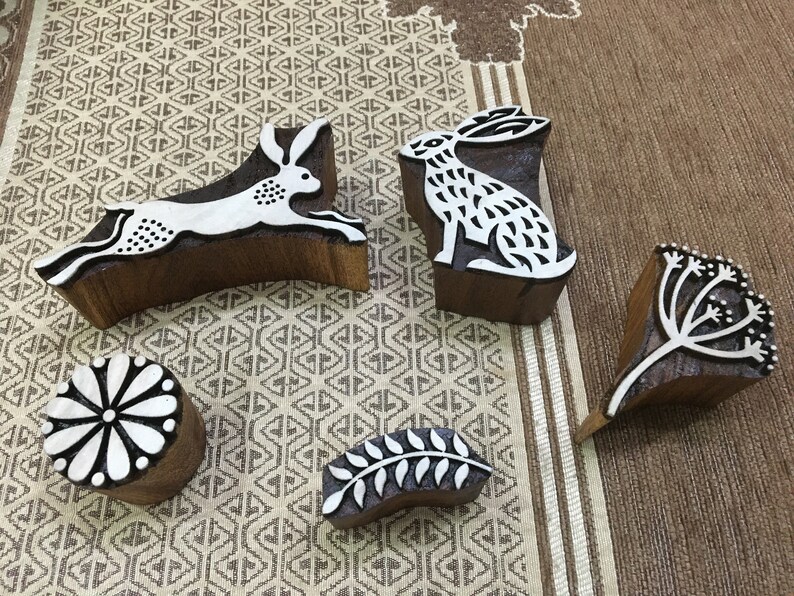 Hares and Seed Heads Stamp Block Set, Hand Carved Indian Wood Printing ...