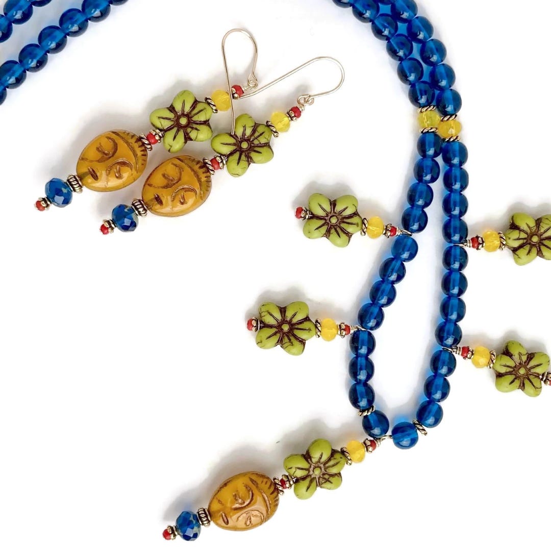 Colorful Tiki Jewelry Set, 14K Gold Fill Glass Bead Parure, Tiki Totem ...