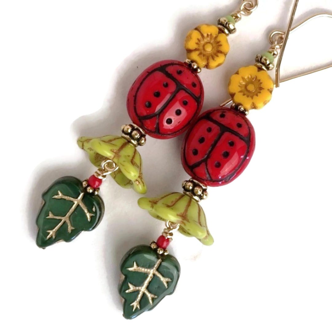 Ladybug Earring, 14K Gold Fill Handmade Colorful Glass Bead Jewelry ...