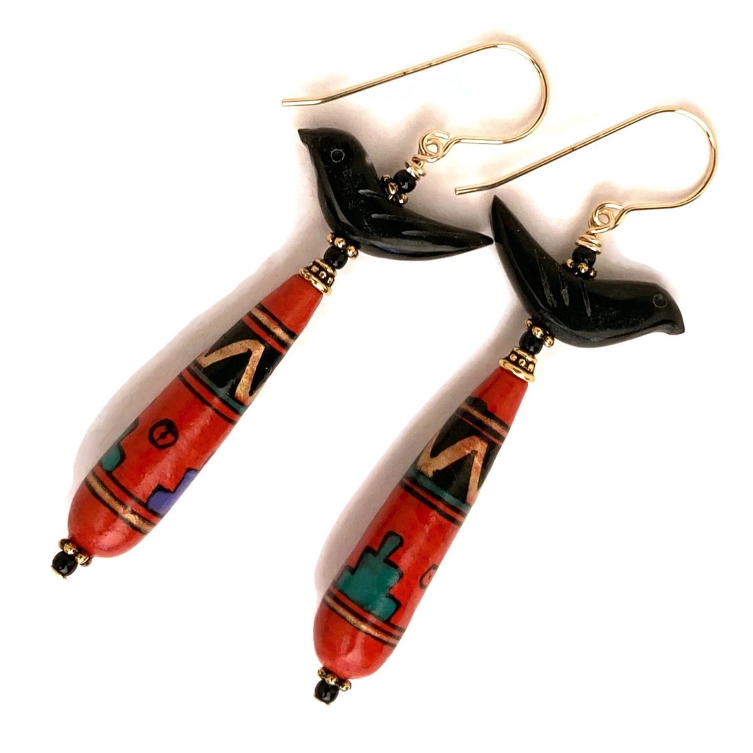 Red Peruvian Earring With Black Onyx Raven, 14K Gold Fill Folk Art ...