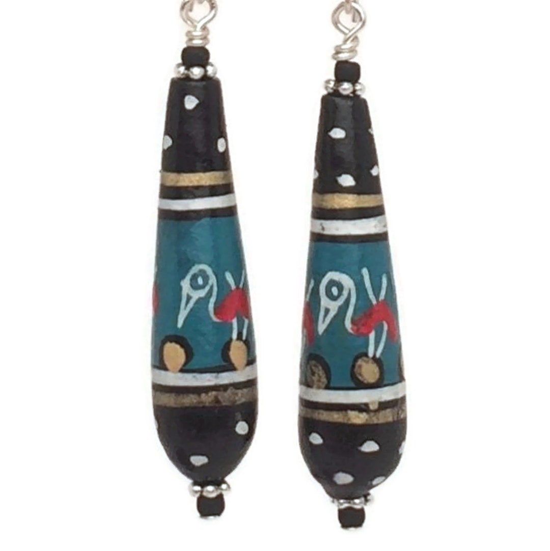 Peruvian Clay Earring, 925 Sterling Silver Long Tribal Dangle, Colorful ...