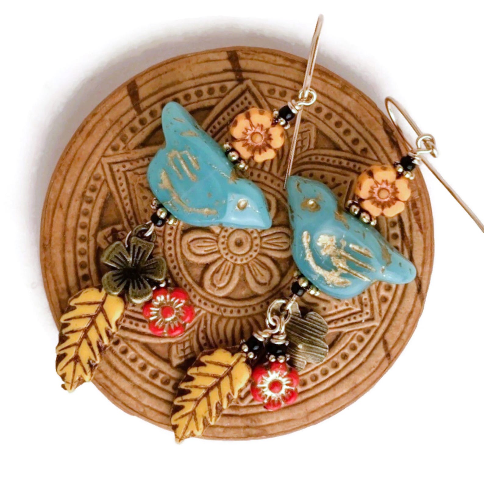 Colorful Bird Earring, 14K Gold Fill Cascade Glass Bead Dangle, Nature ...