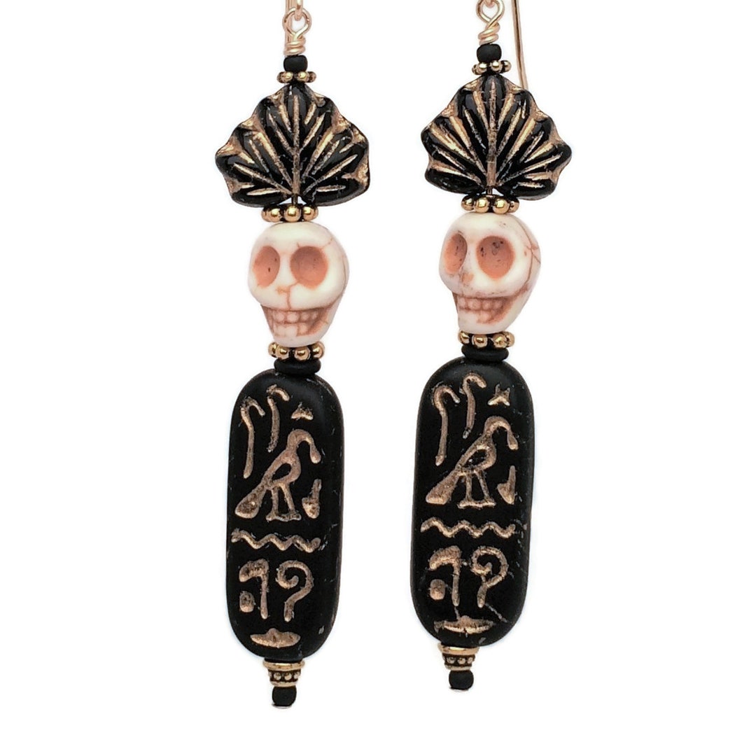 Egyptian Mummy Earrings, 14K Gold Filled Black Hieroglyphic Dangle ...