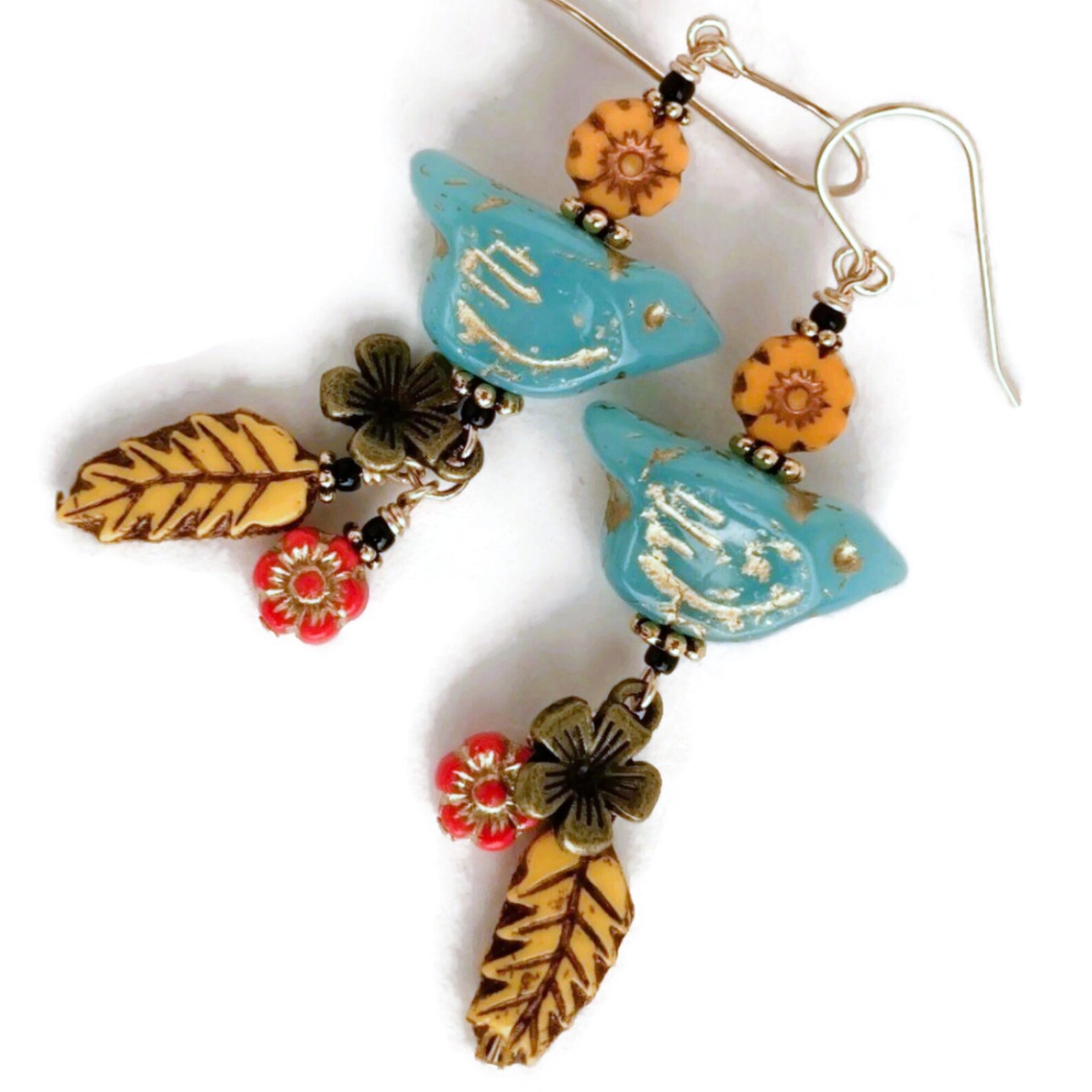Colorful Bird Earring, 14K Gold Fill Cascade Glass Bead Dangle, Nature ...