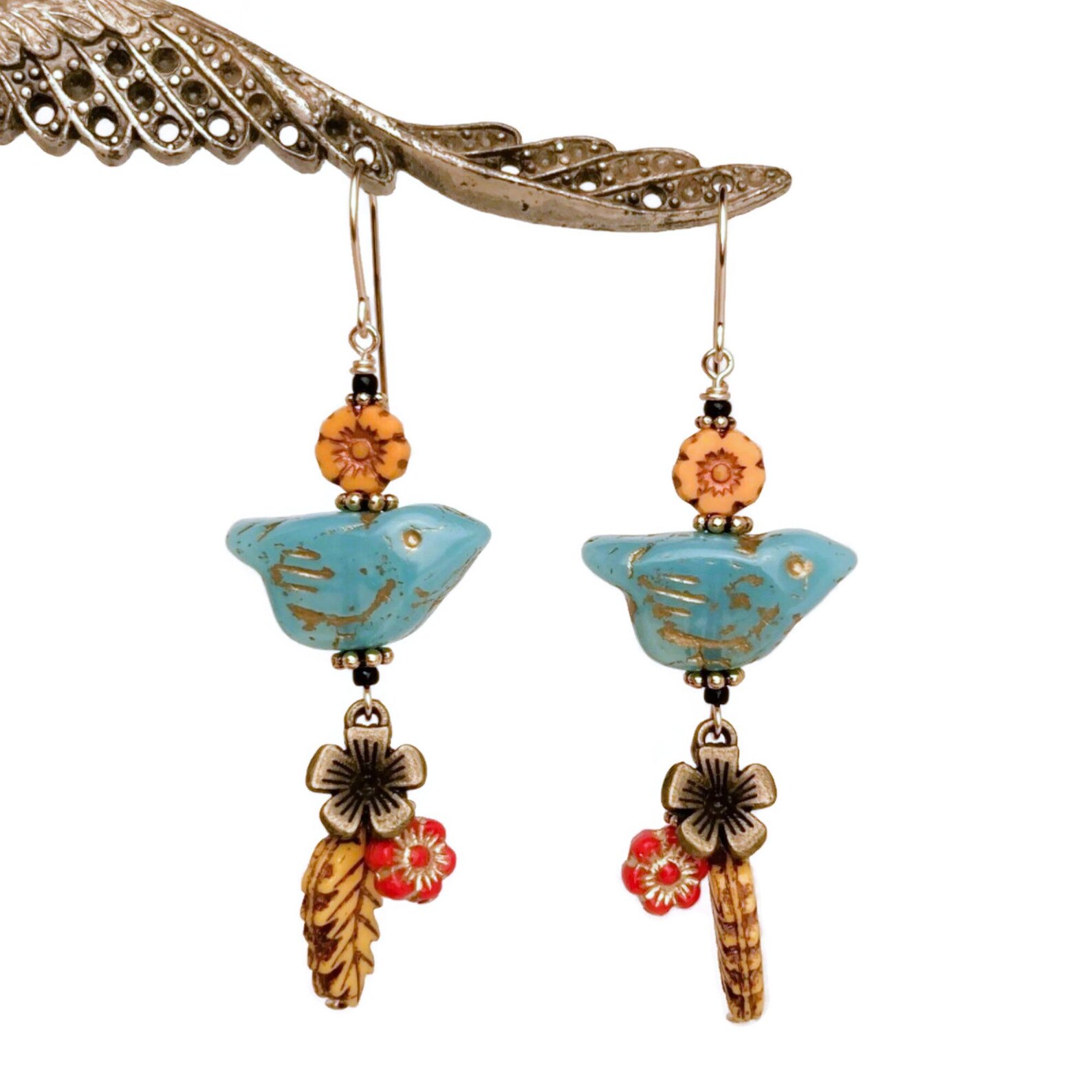 Colorful Bird Earring, 14K Gold Fill Cascade Glass Bead Dangle, Nature ...