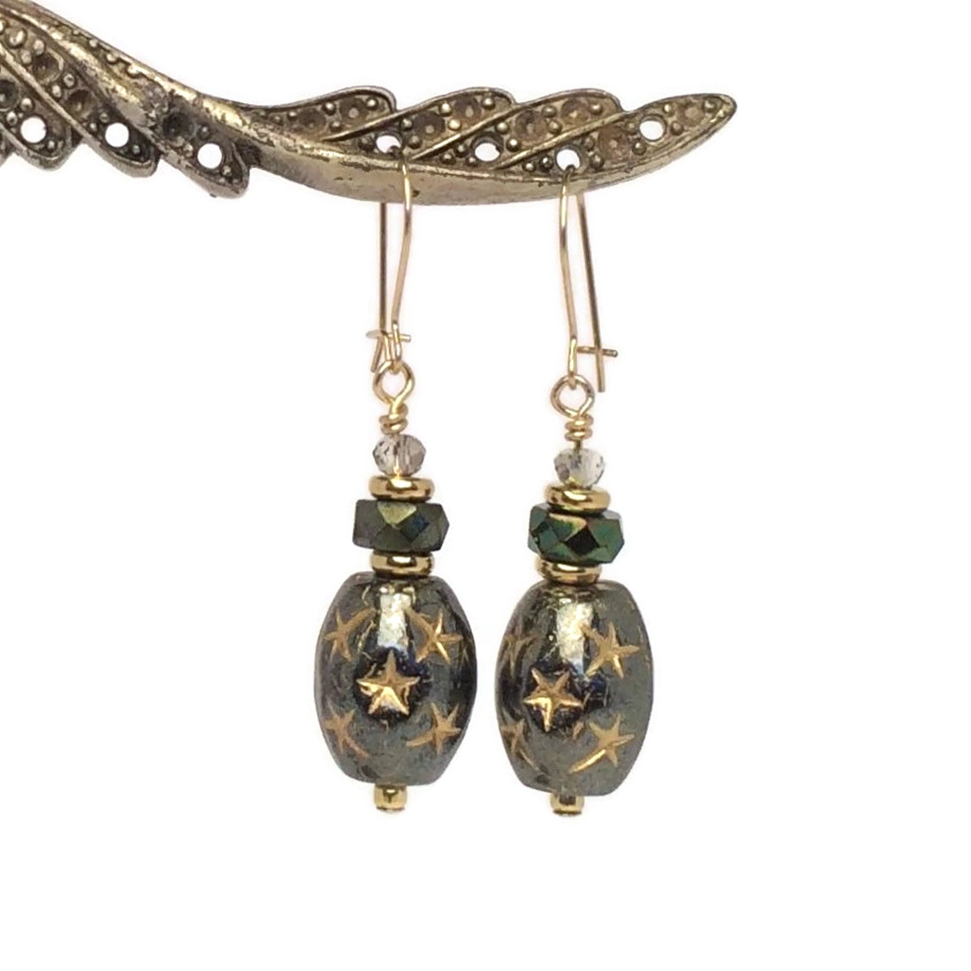 Black Hematite Celestial Earrings Smoky Gray Glass Bead Dangle 14k