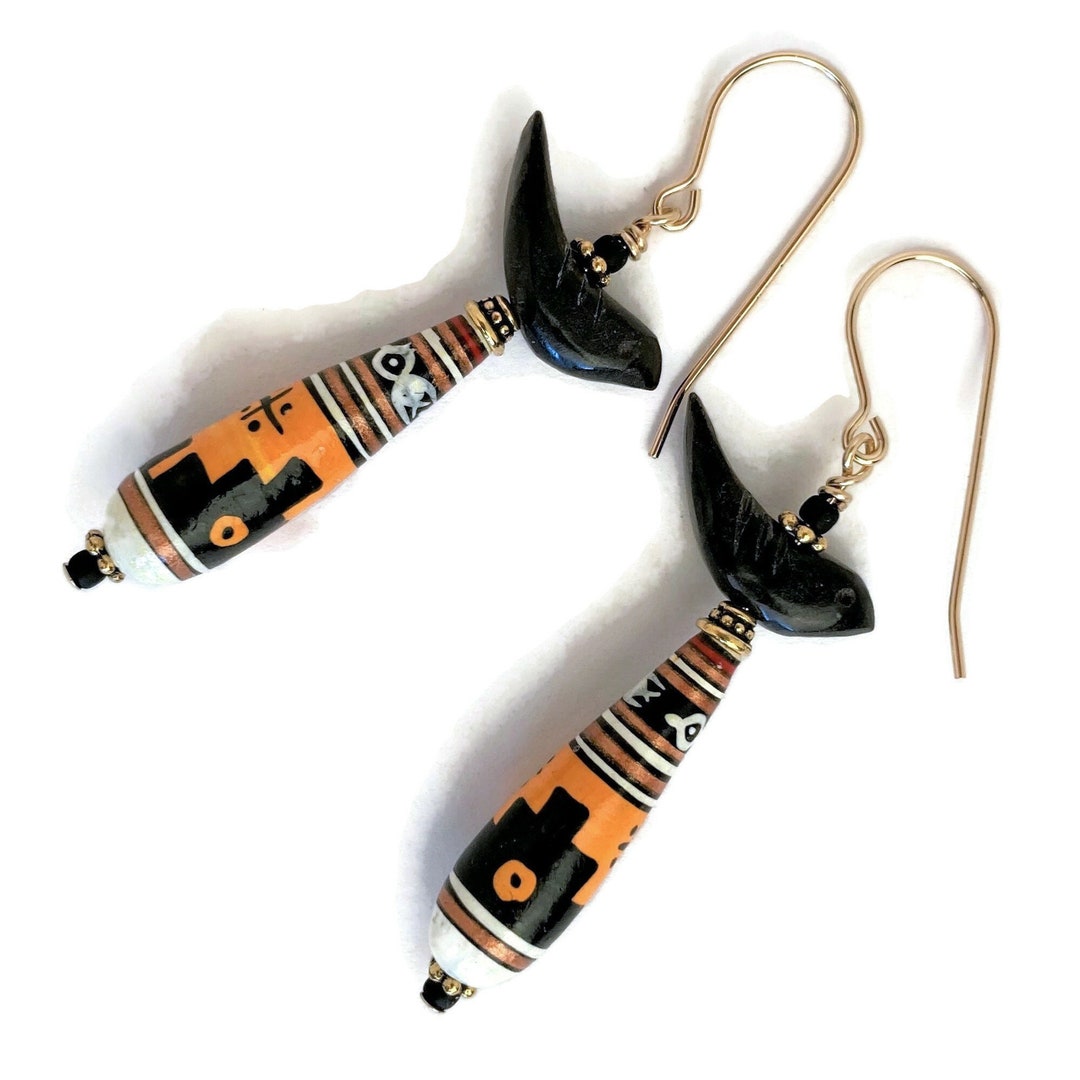 Black Onyx Peruvian Bird Earring, 14K Gold Fill Vintage Style Long Boho ...
